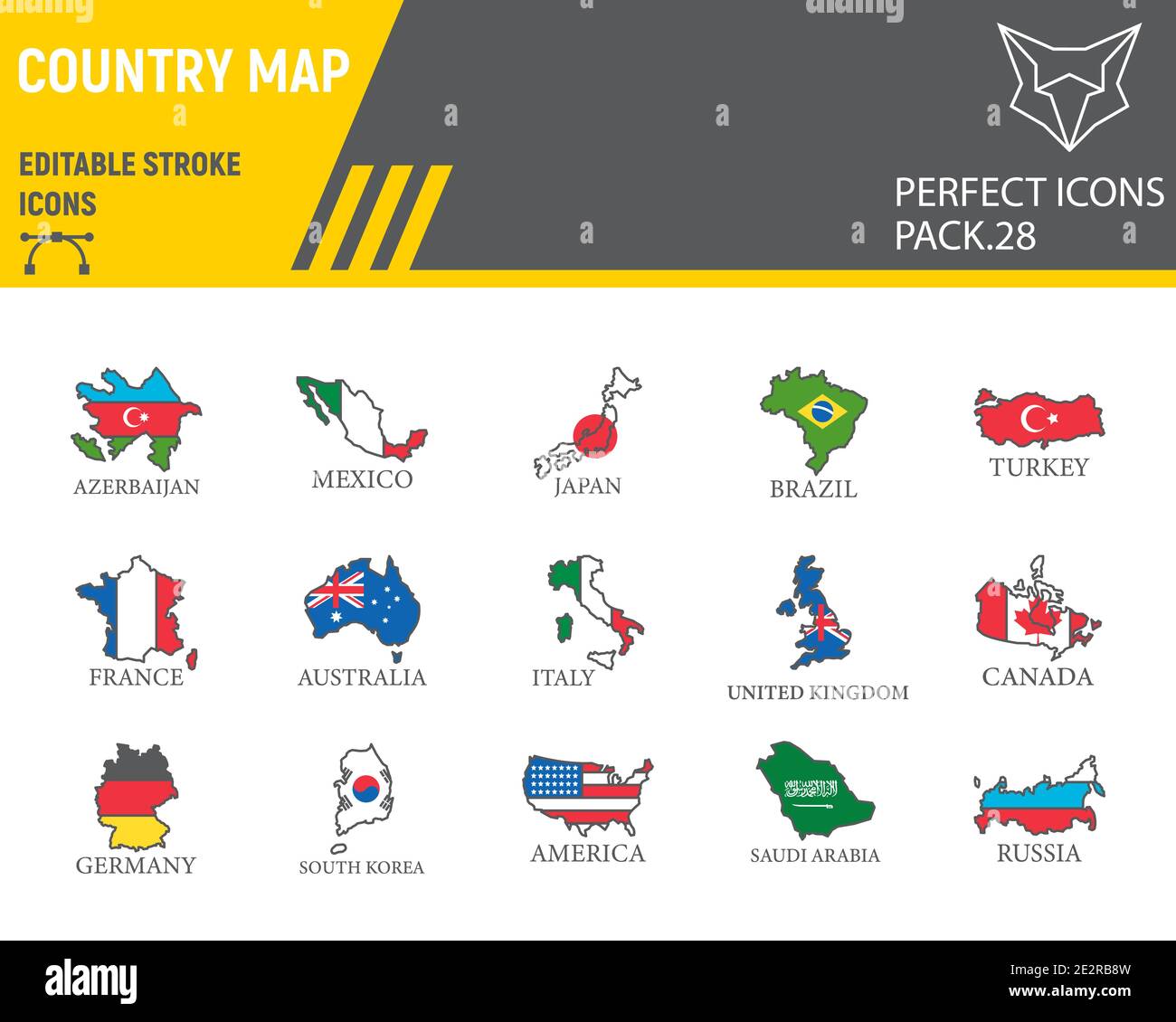 Map of country color line icon set, country flag collection, vector ...