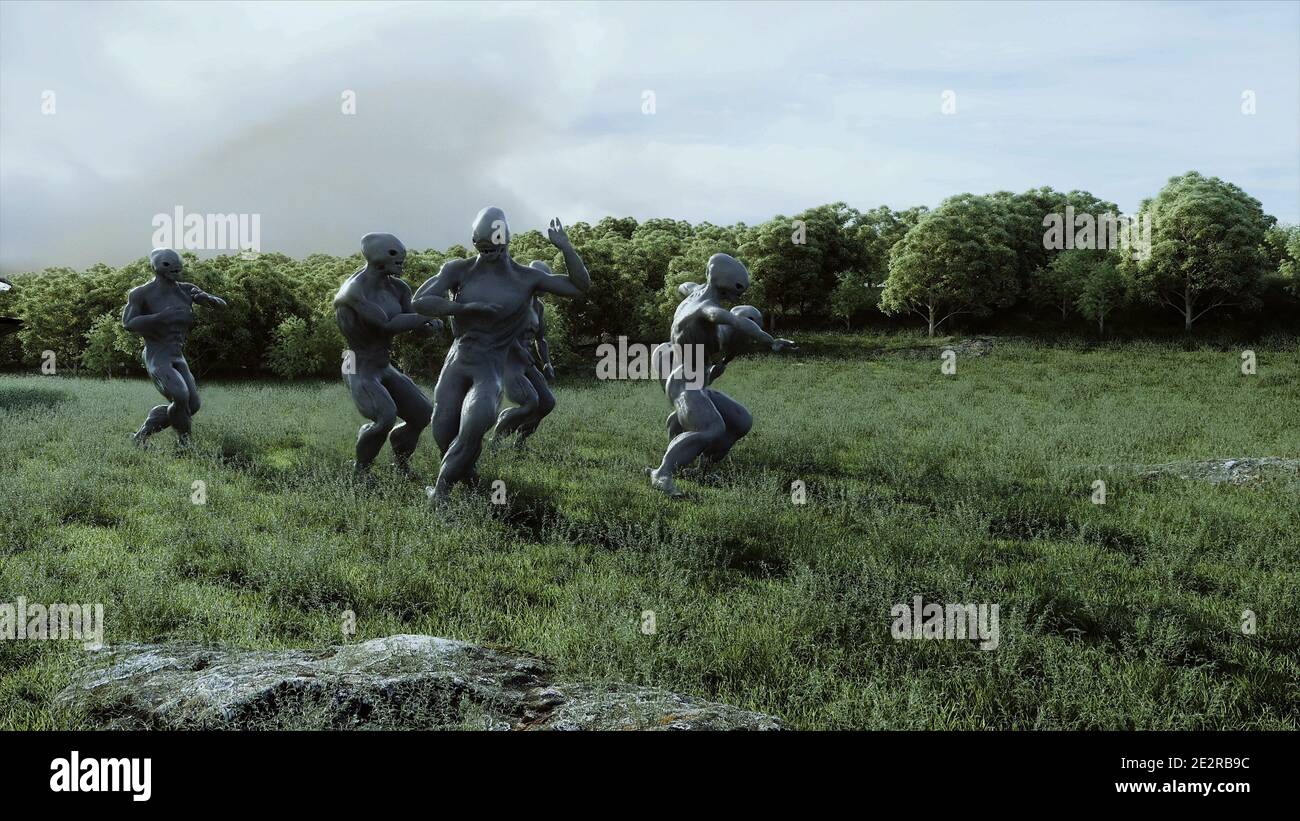funny aliens dancing in the meadow near the UFO spaceship. 3d rendering ...