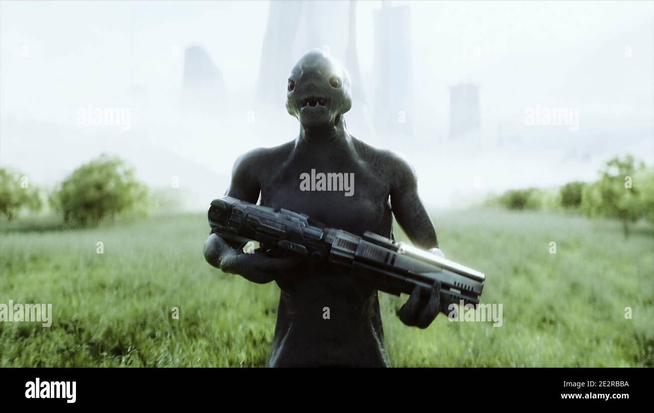 Military alien with a weapon walks through the meadow against the ...