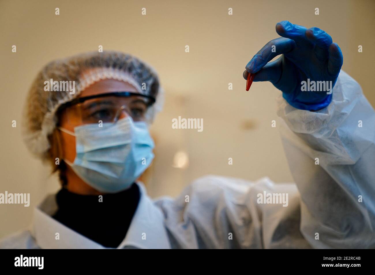 Laborantine performing an EasyCov rapid saliva test for Covid-19, in ...