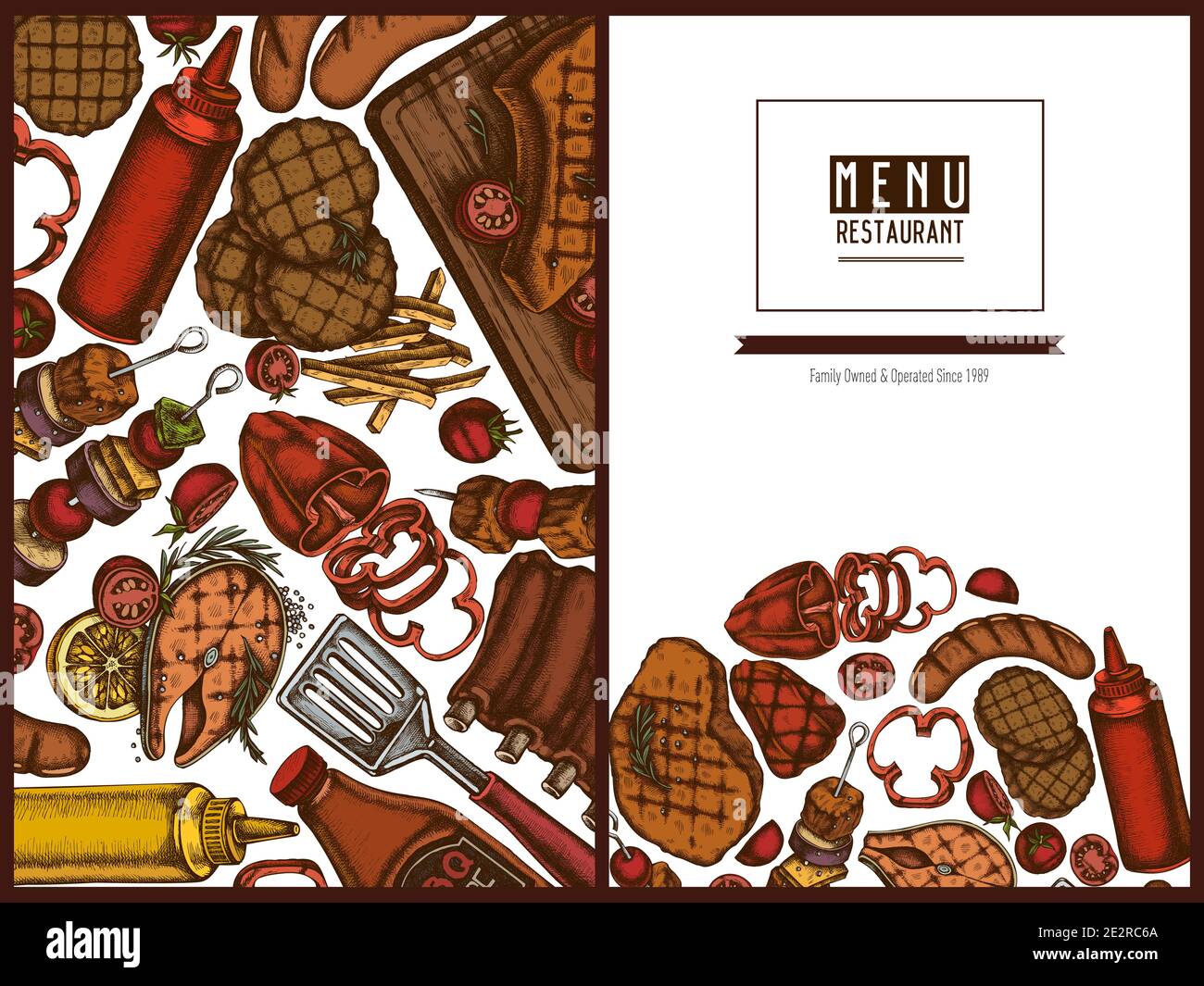 Menu cover design with colored spatula, Pork ribs, kebab, sausages ...