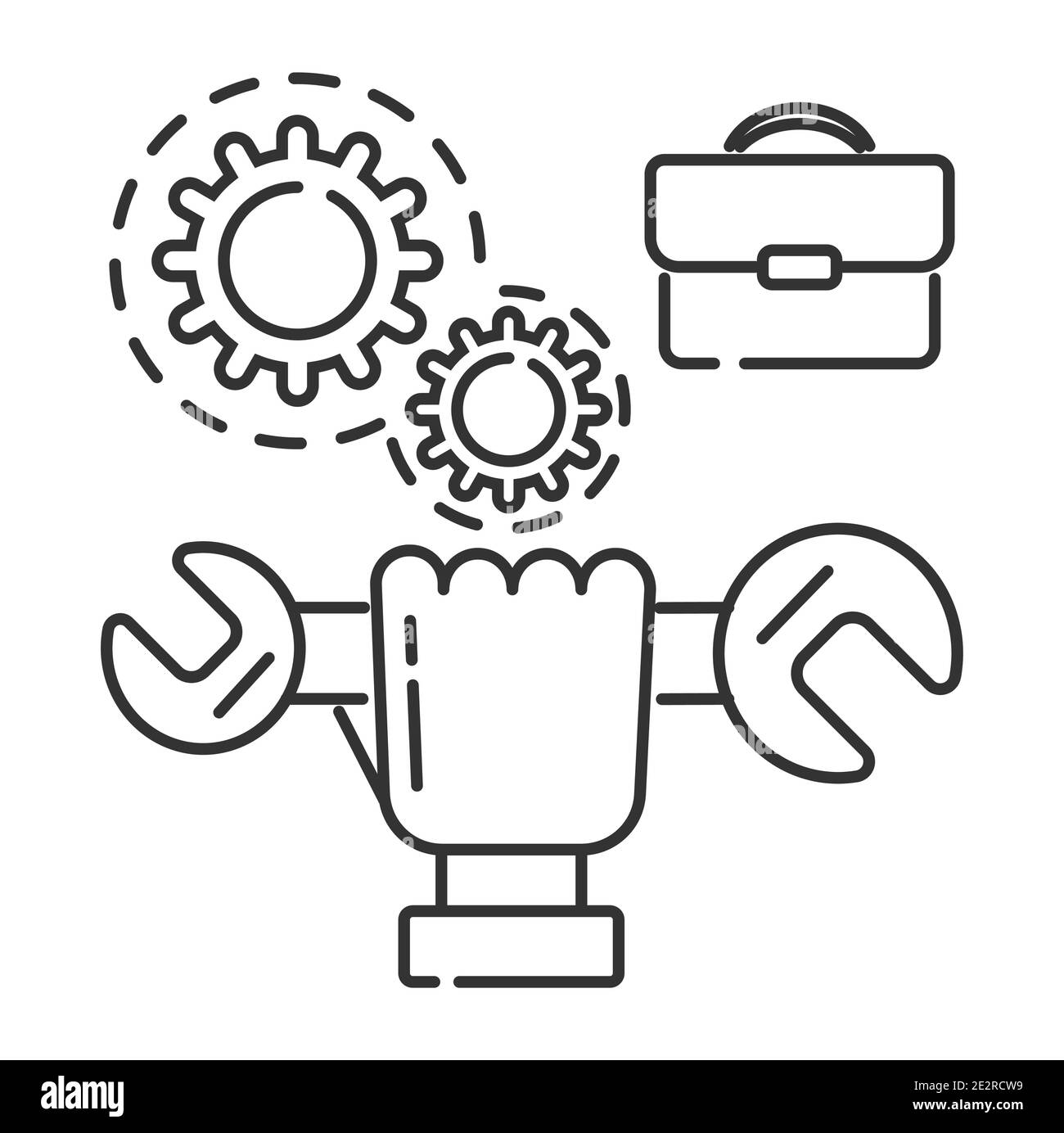 Repair icon vector. Hand is holding wrench. Gears and repairmen bag are ...