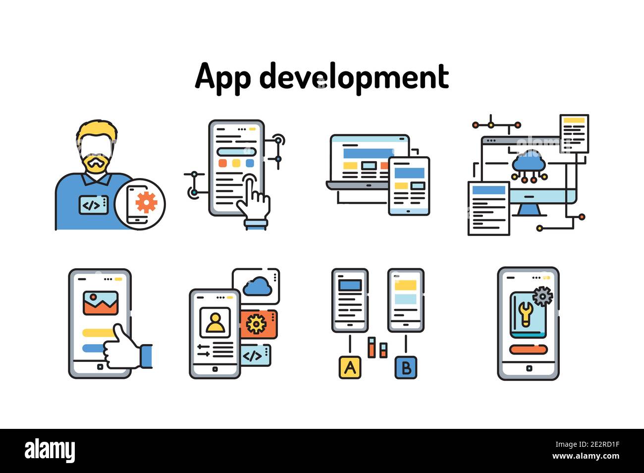 App development black line icons set. Creating and using a mobile application. Pictograms for ...