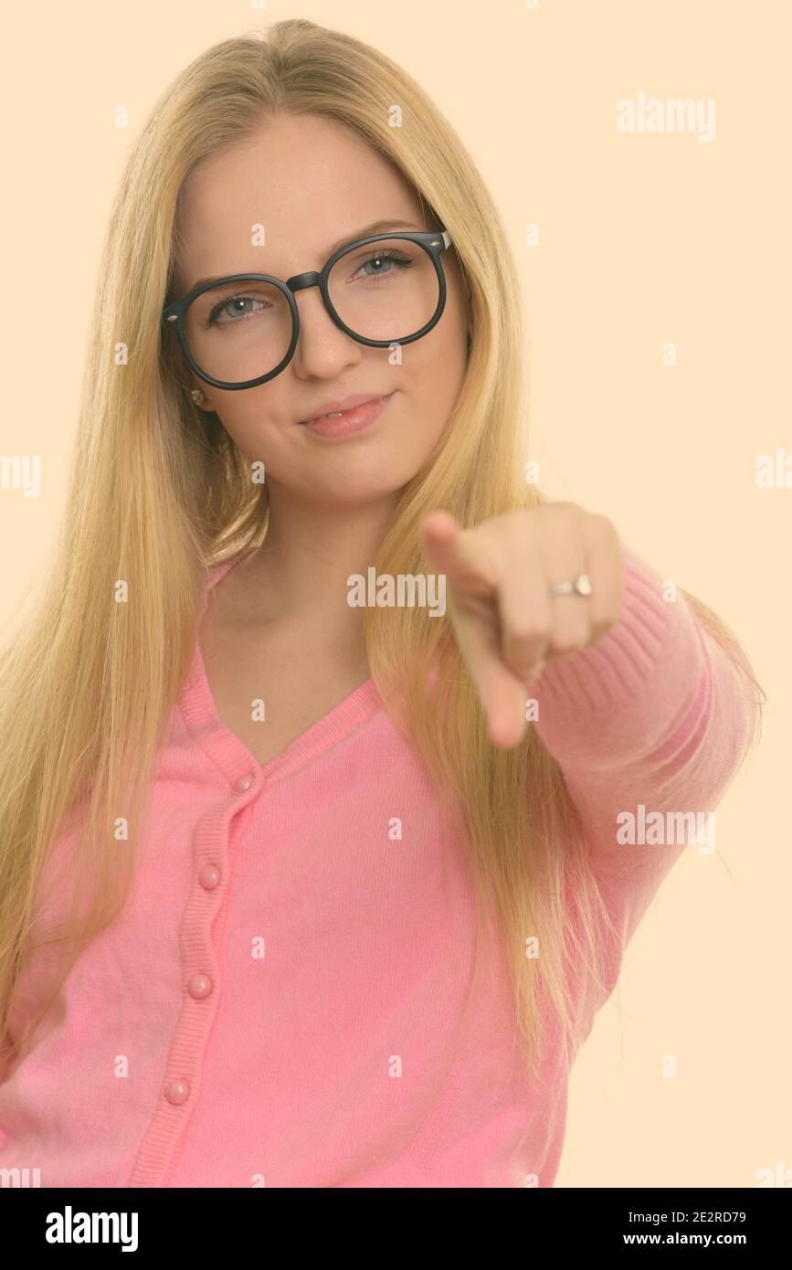Girl pointing camera hi-res stock photography and images - Alamy