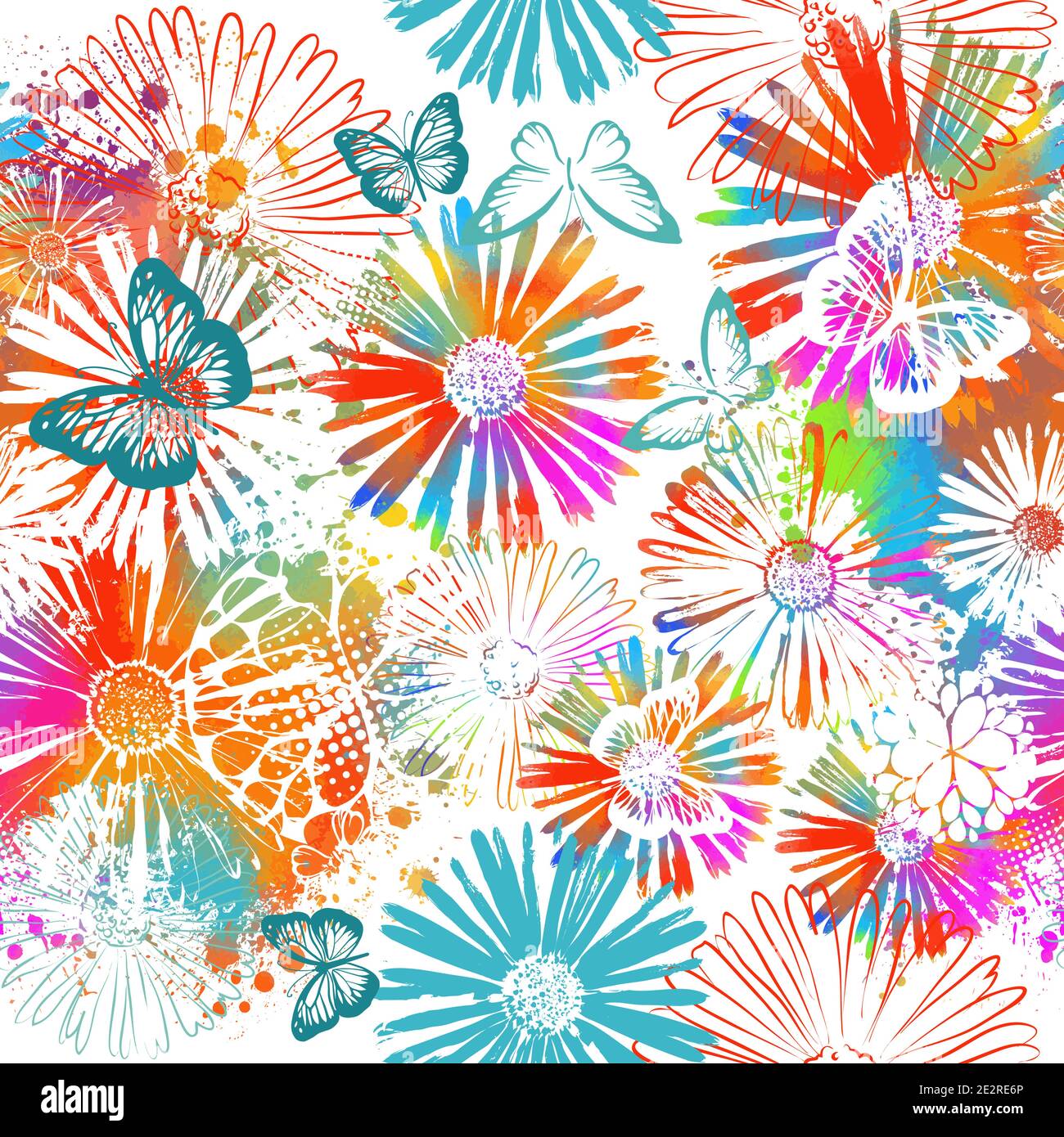A seamless background with colorful flowers. Mixed media. Vector ...