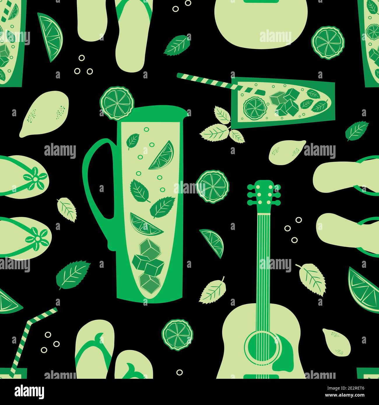 Cocktail pitcher, glass, flip flop, guitar vector seamless pattern ...