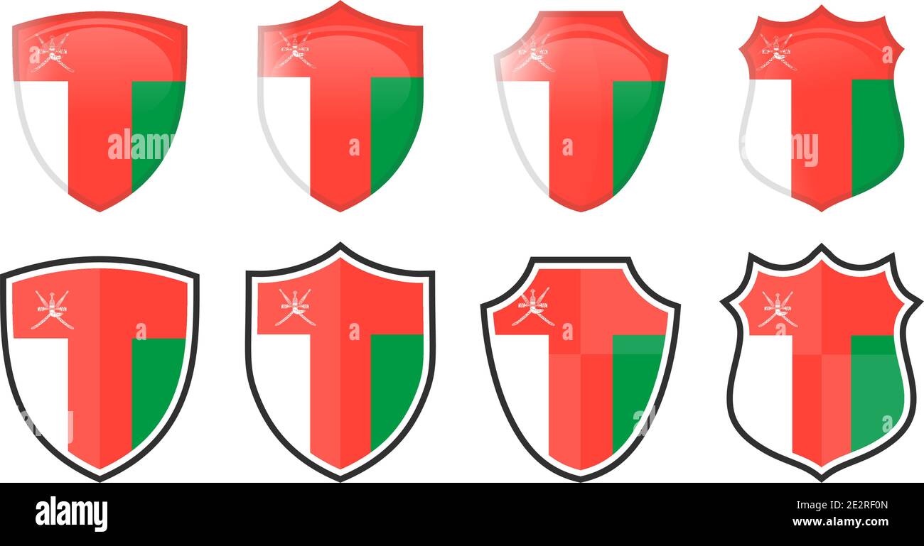 Vertical Oman flag in shield shape, four 3d and simple versions. Omani ...