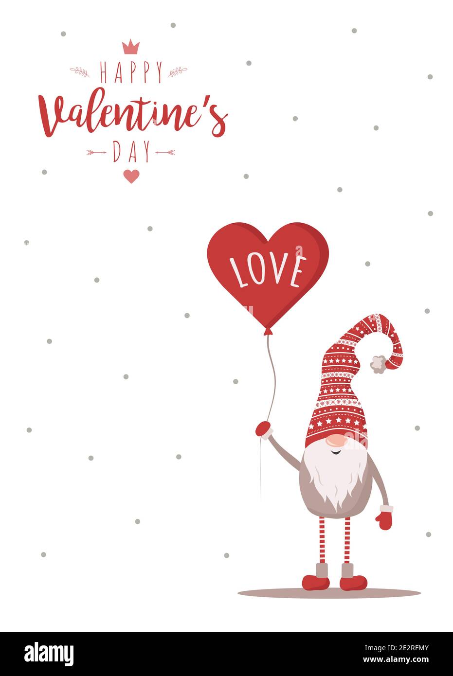 Happy Valentine day card with cute nordic gnome in red hat with air ...