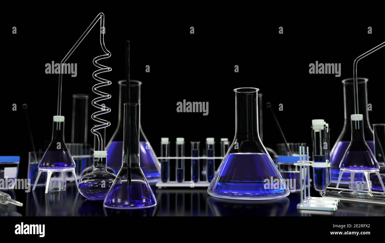 laboratory test-tubes and other various glassware isolated on black ...
