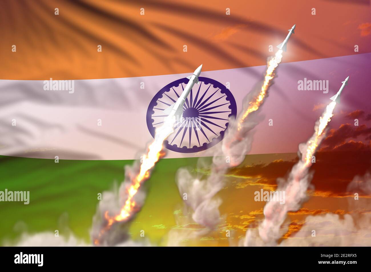 Modern strategic rocket forces concept on sunset background, India ...