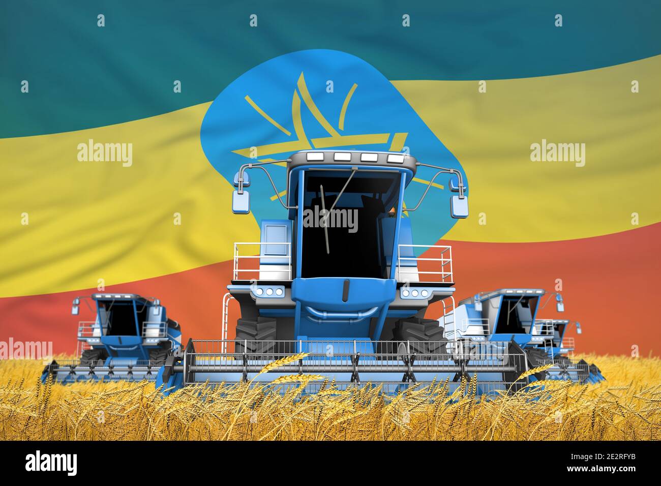 industrial 3D illustration of 4 light blue combine harvesters on farm ...