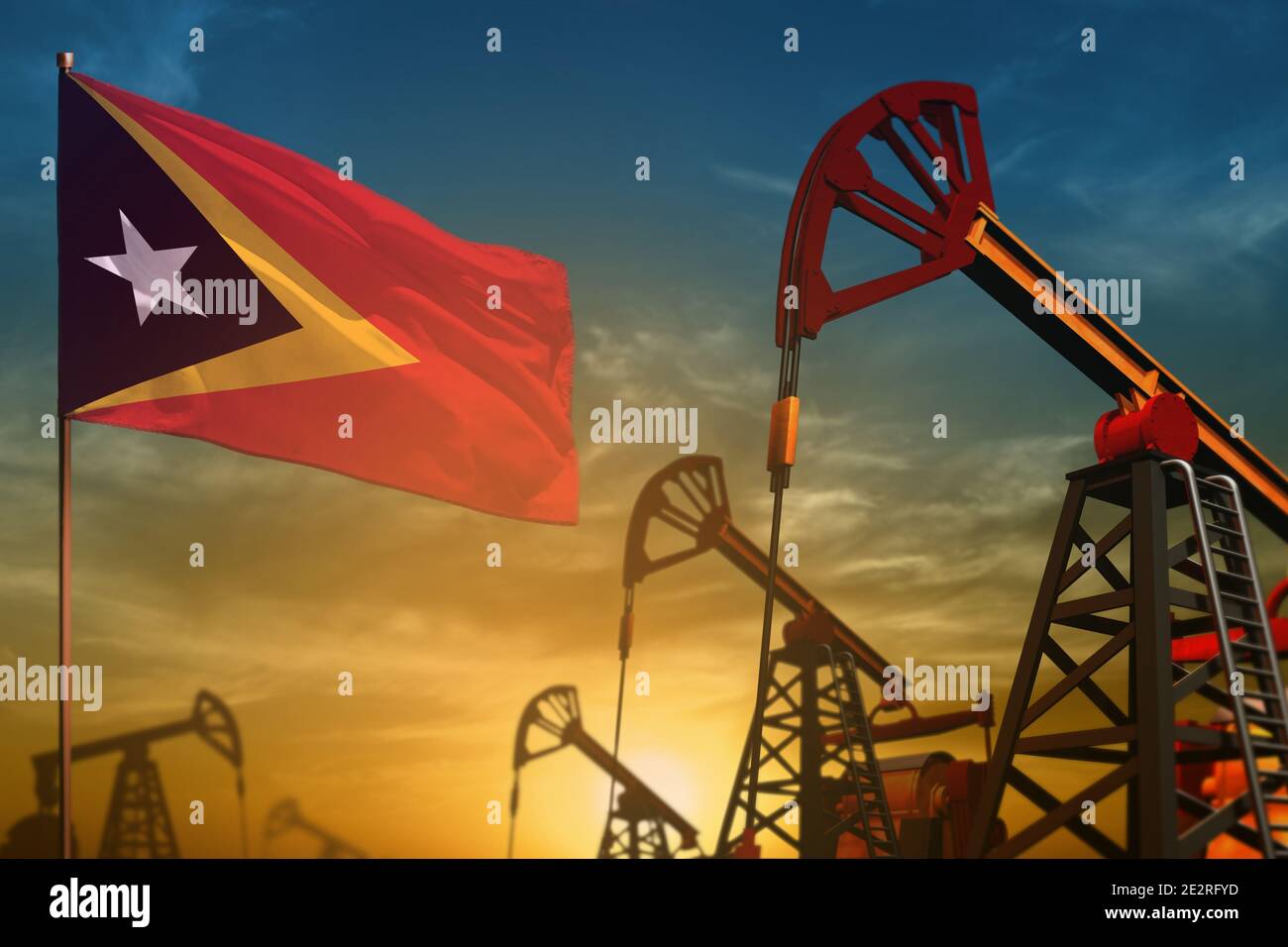 Timor-Leste oil industry concept, industrial illustration. Fluttering ...