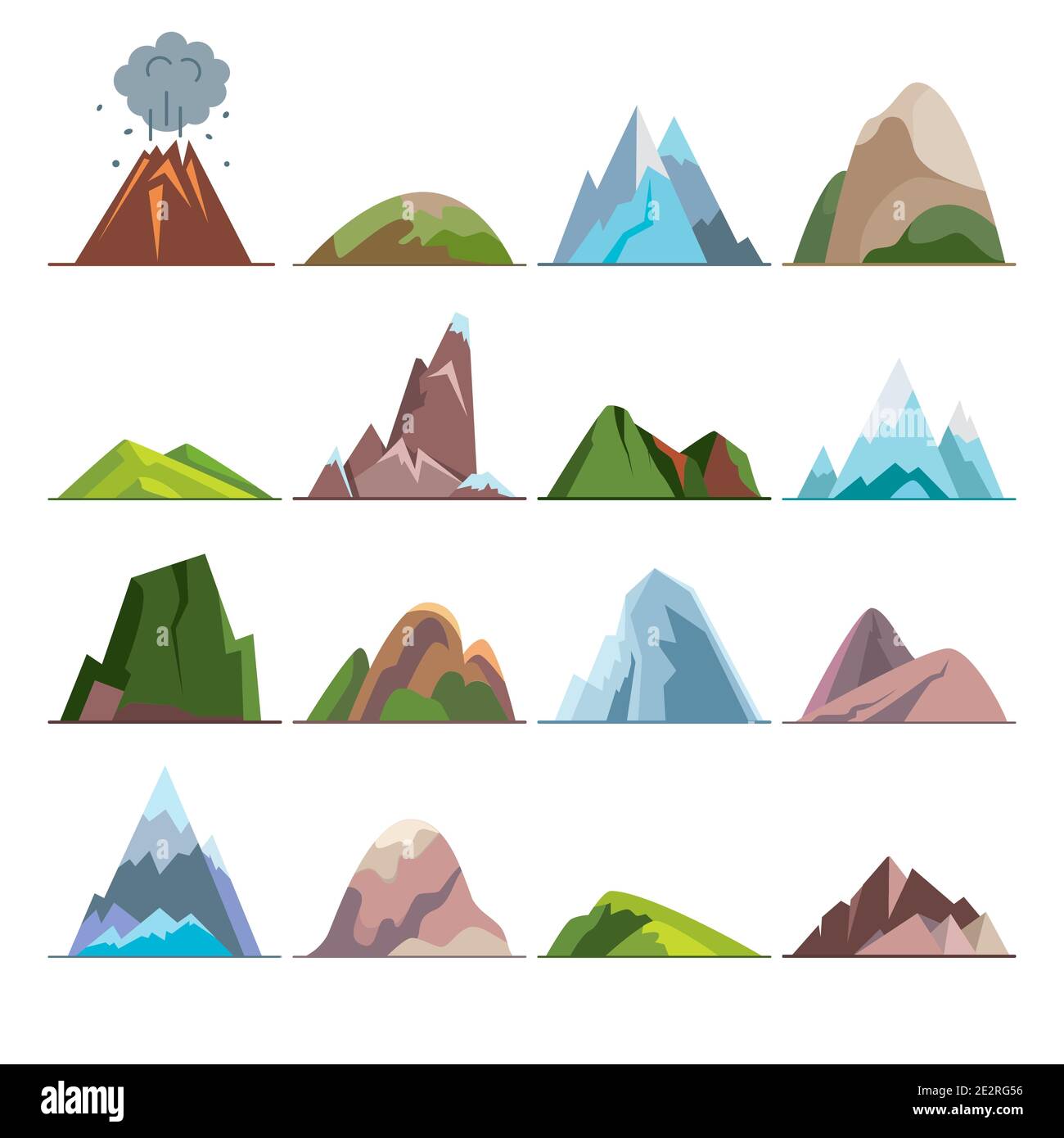 Collection of mountain icons in flat style. Different rock and hill ...