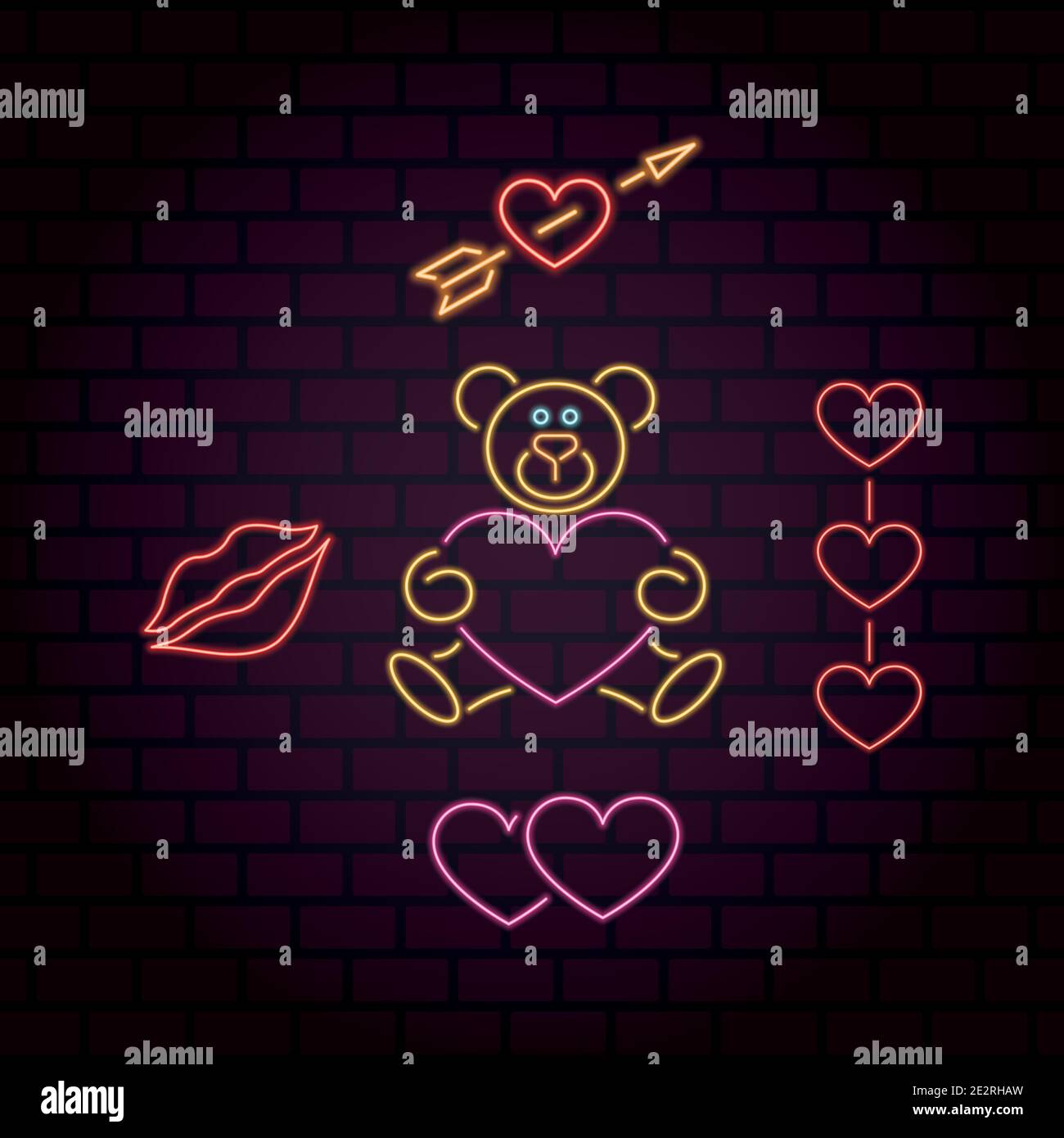 Set of neon illustrations hearts, teddy bear, lips Stock Vector Image ...