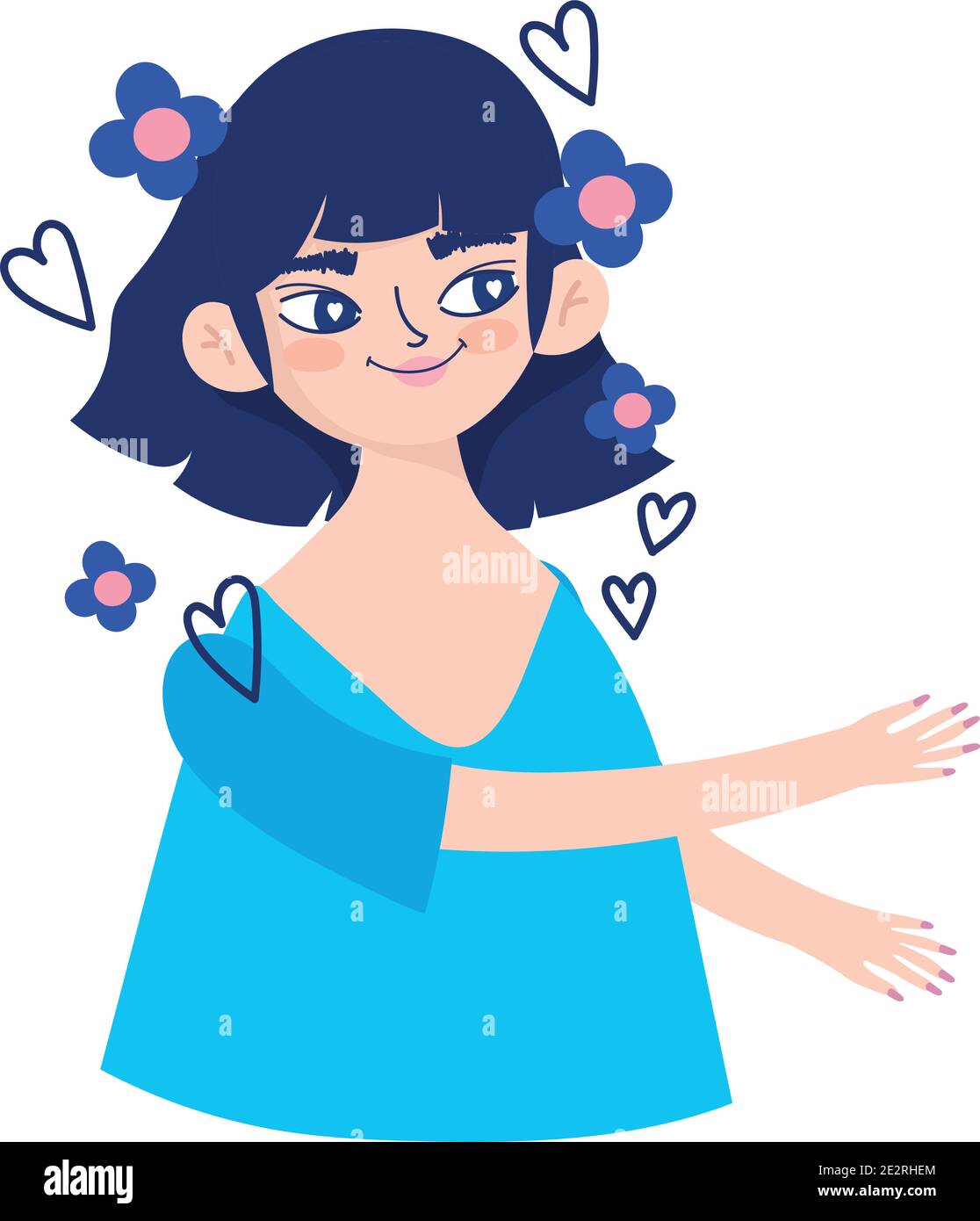 girl flowers and hearts love romantic portrait cartoon vector ...