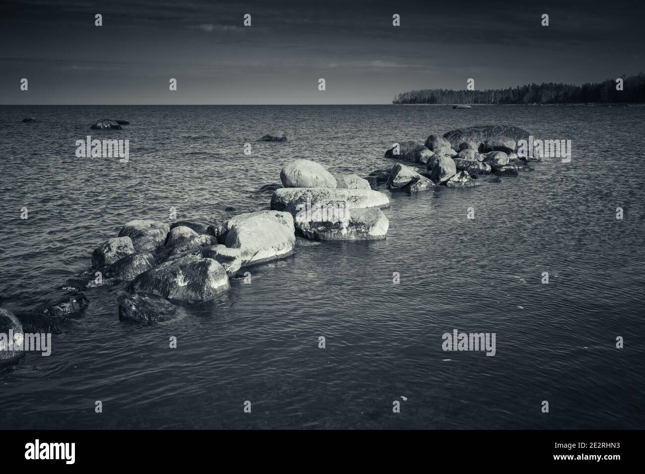 Stones lay in a row on a seabed in shallow water, Baltic Sea coastal ...