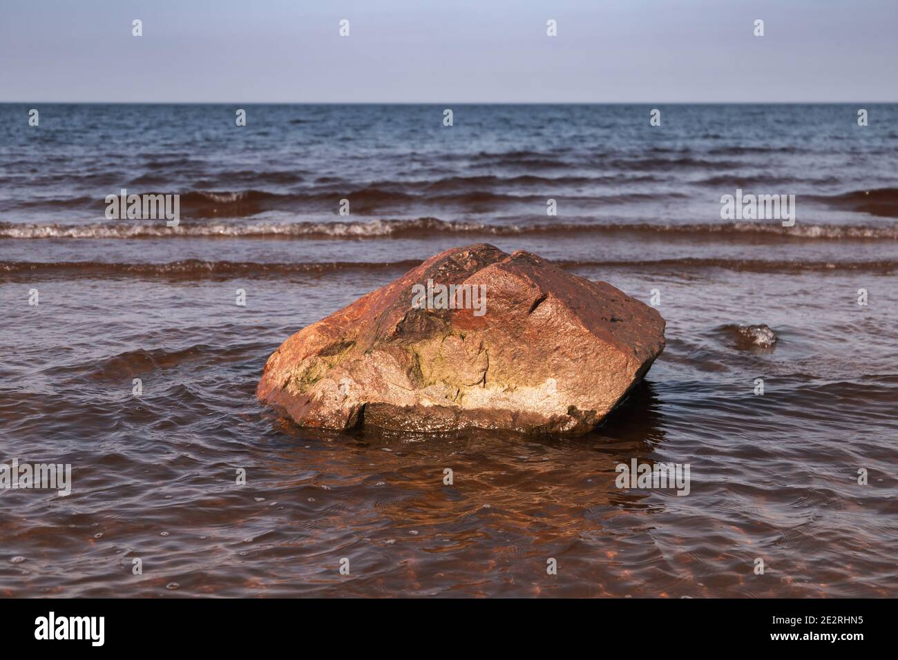 Granite stone lays on a seabed in shallow water, Baltic Sea coastal ...