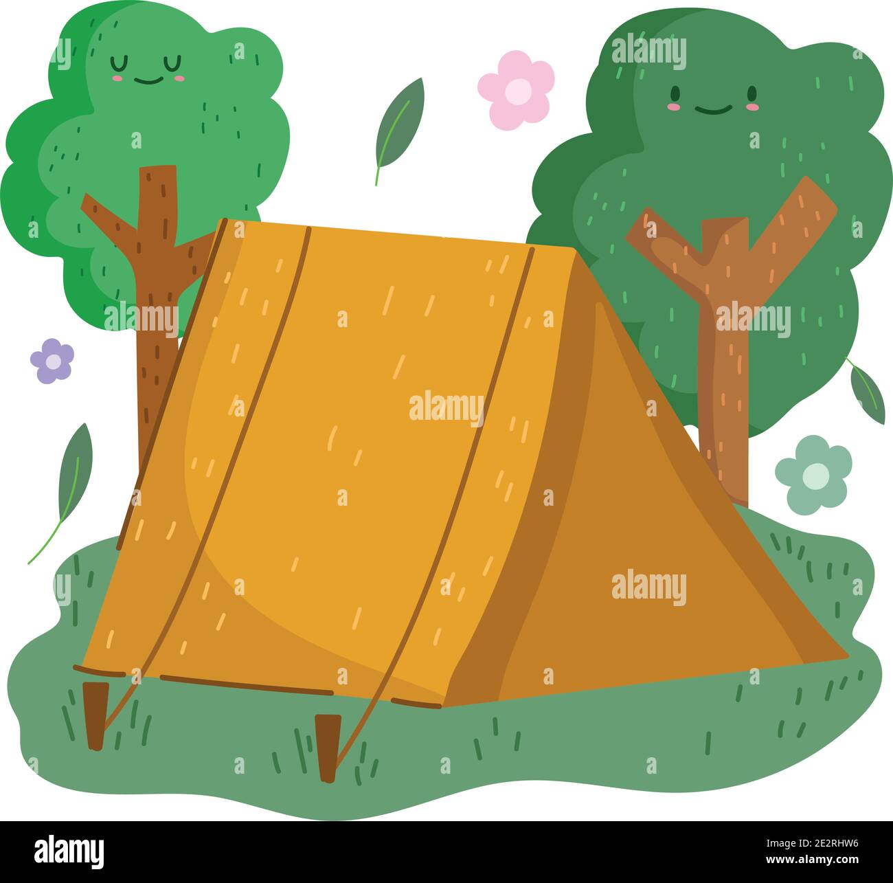 camping tent forest trees foliage in cartoon style vector illustration ...