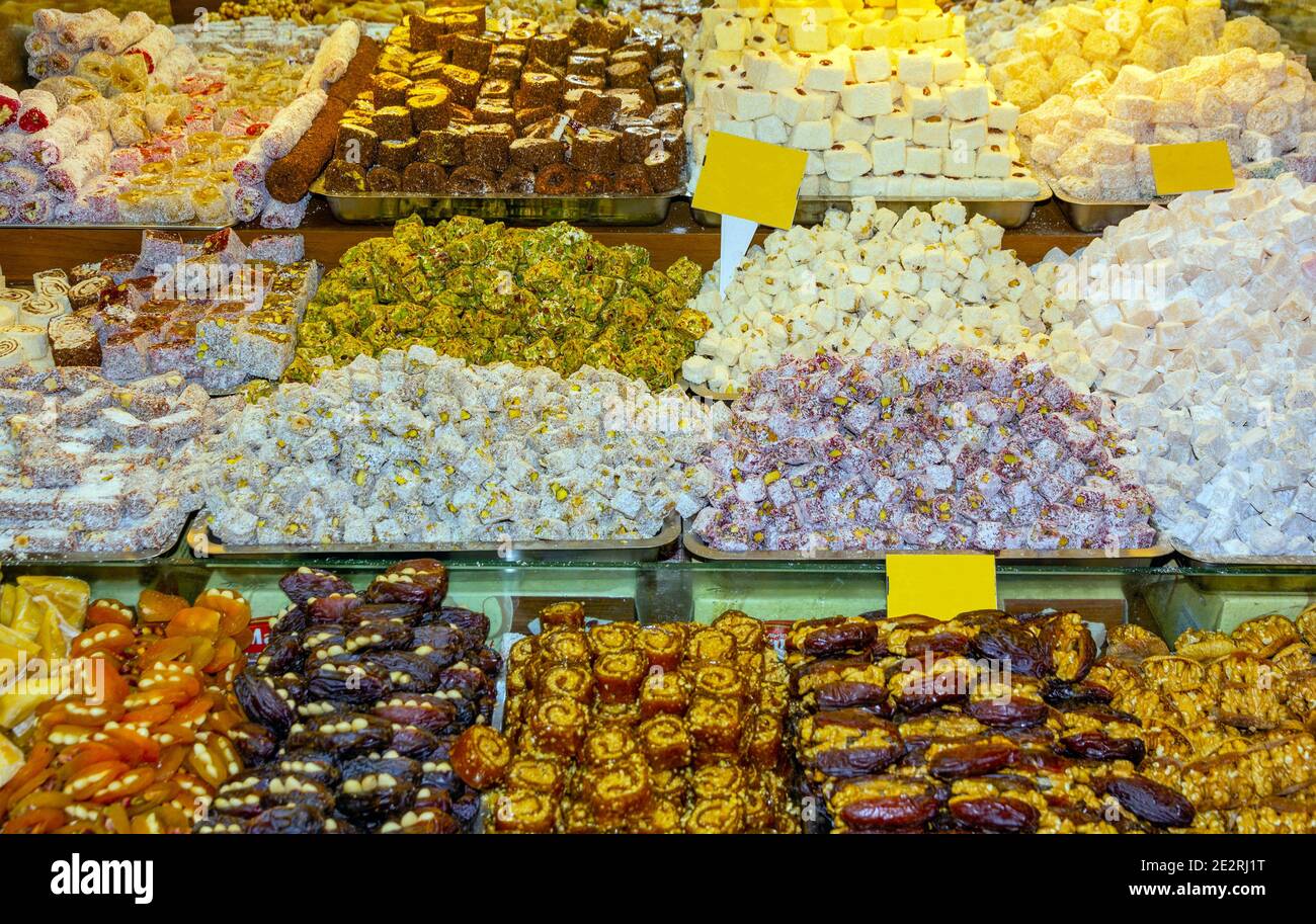 Various traditional Turkish sweets at a market in Istanbul Stock Photo ...
