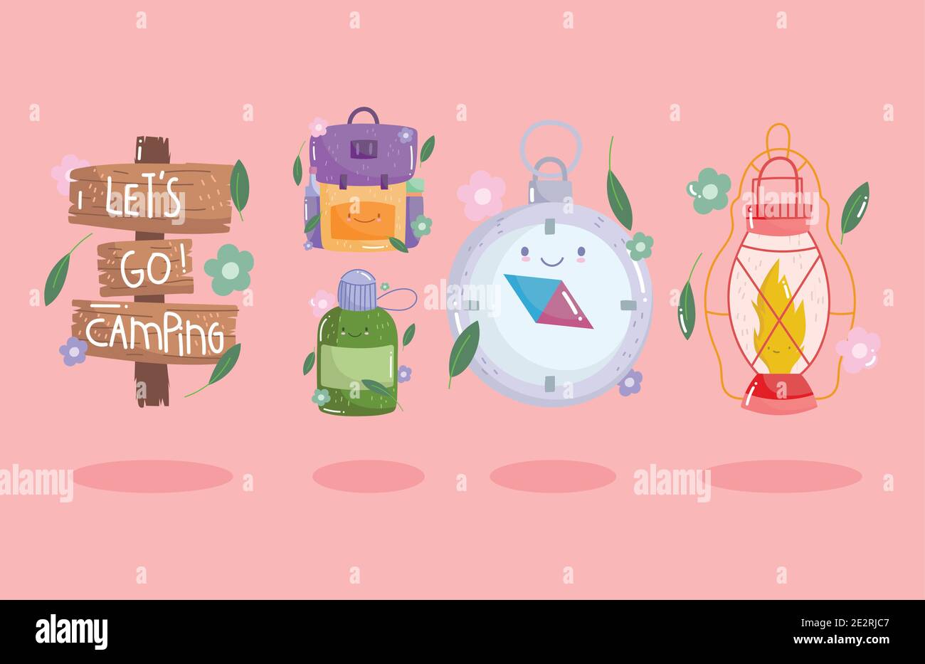 camping icons set cartoon lantern compass bonfire water bottle and ...