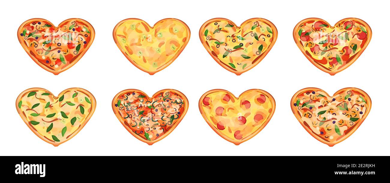 Set of hot eight heart pizzas with different ingredients isolated on ...