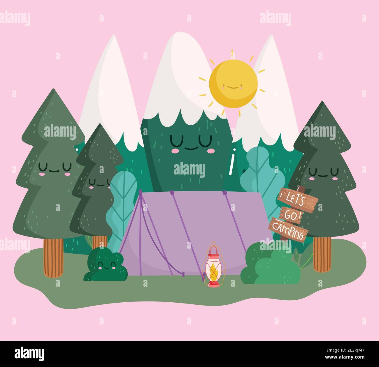 camping tent mountains trees forest nature in cartoon style design ...