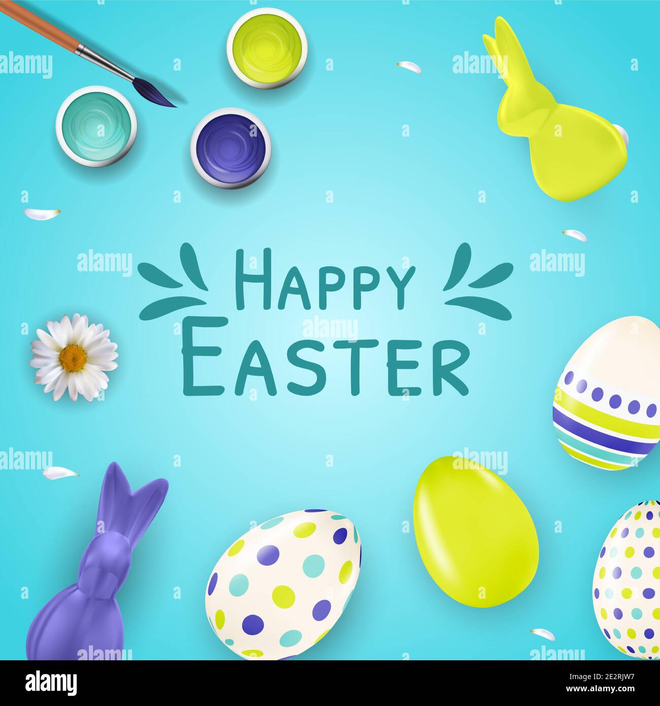 Easter poster template with 3d realistic Easter eggs, bunny, paint and ...