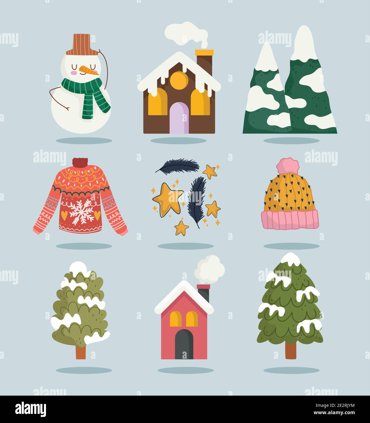 winter snowman house snow mountain tree sweater icons set cartoon ...