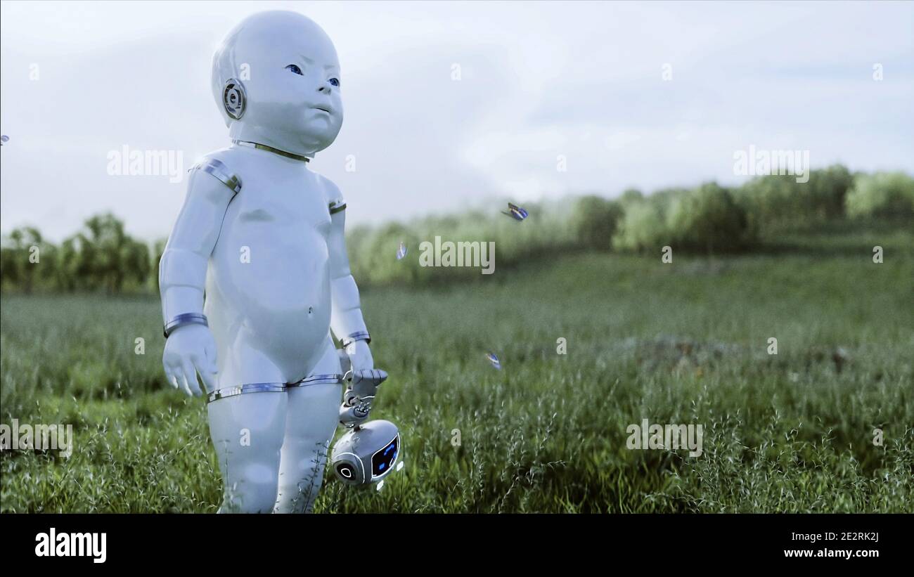 mother robot with her baby robot in the meadow on the background of a ...