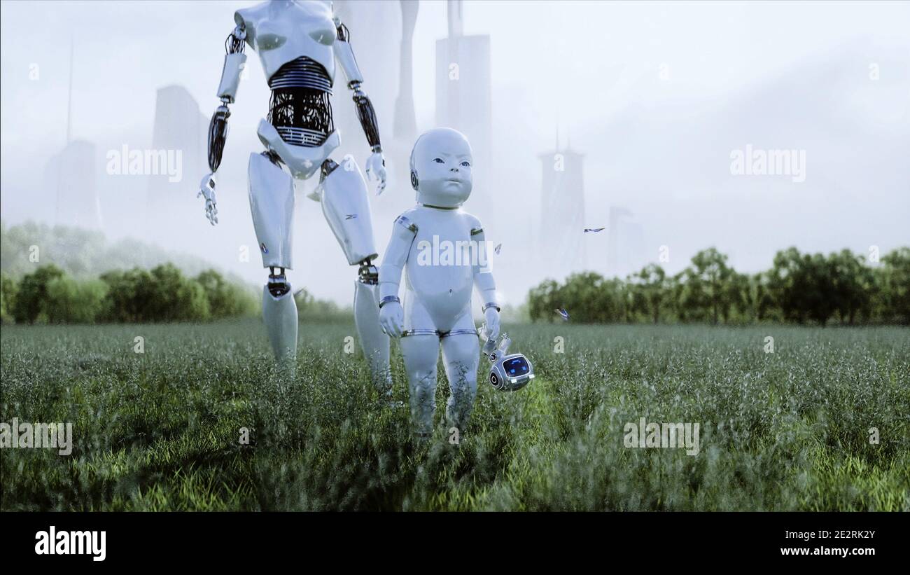 mother robot with her baby robot in the meadow on the background of a ...