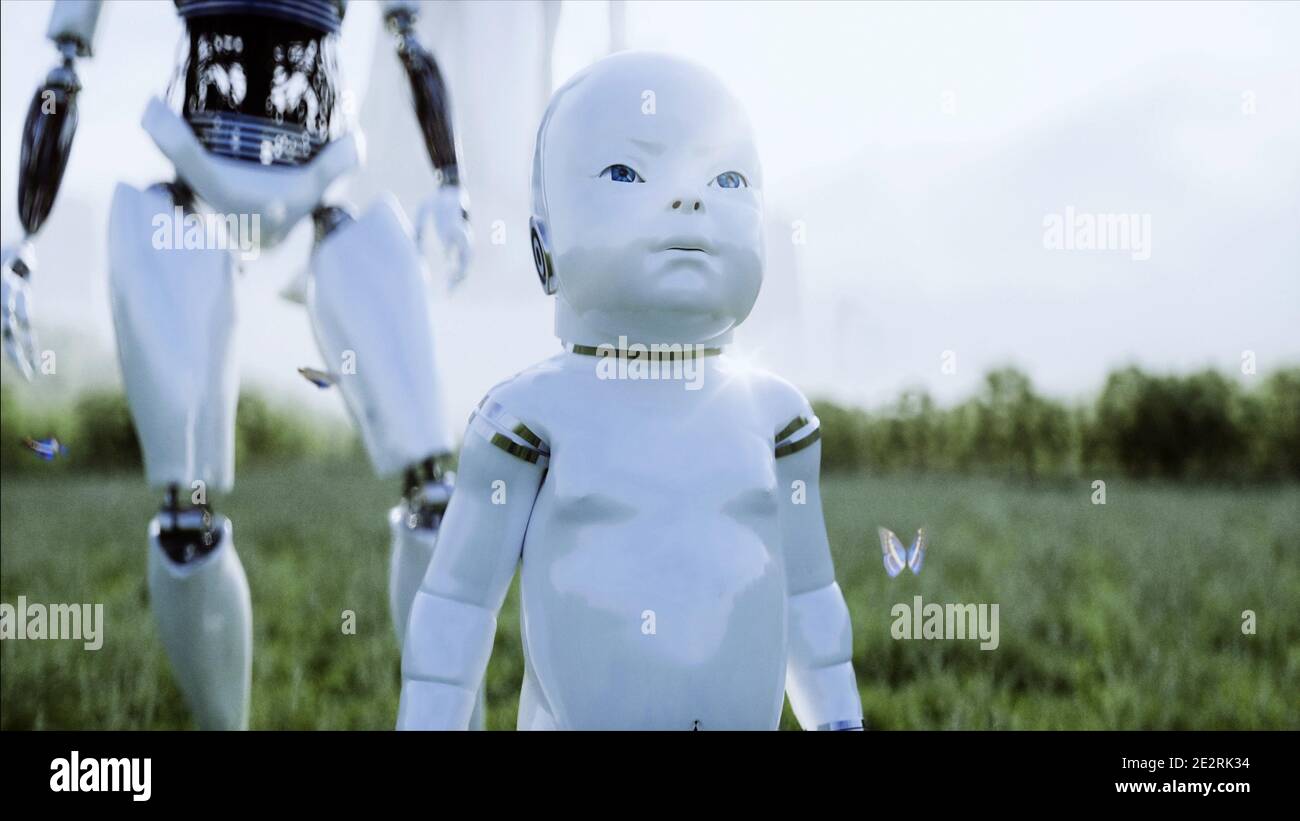 mother robot with her baby robot in the meadow on the background of a ...