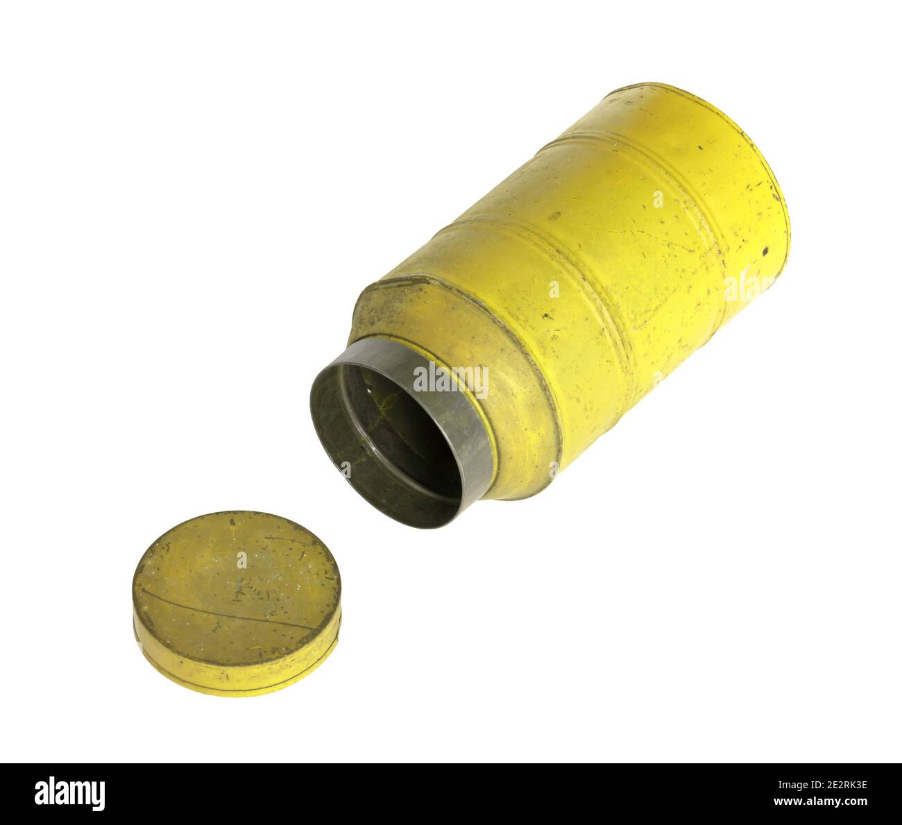Old nostalgic can isolated on white - Yellow can Stock Photo - Alamy