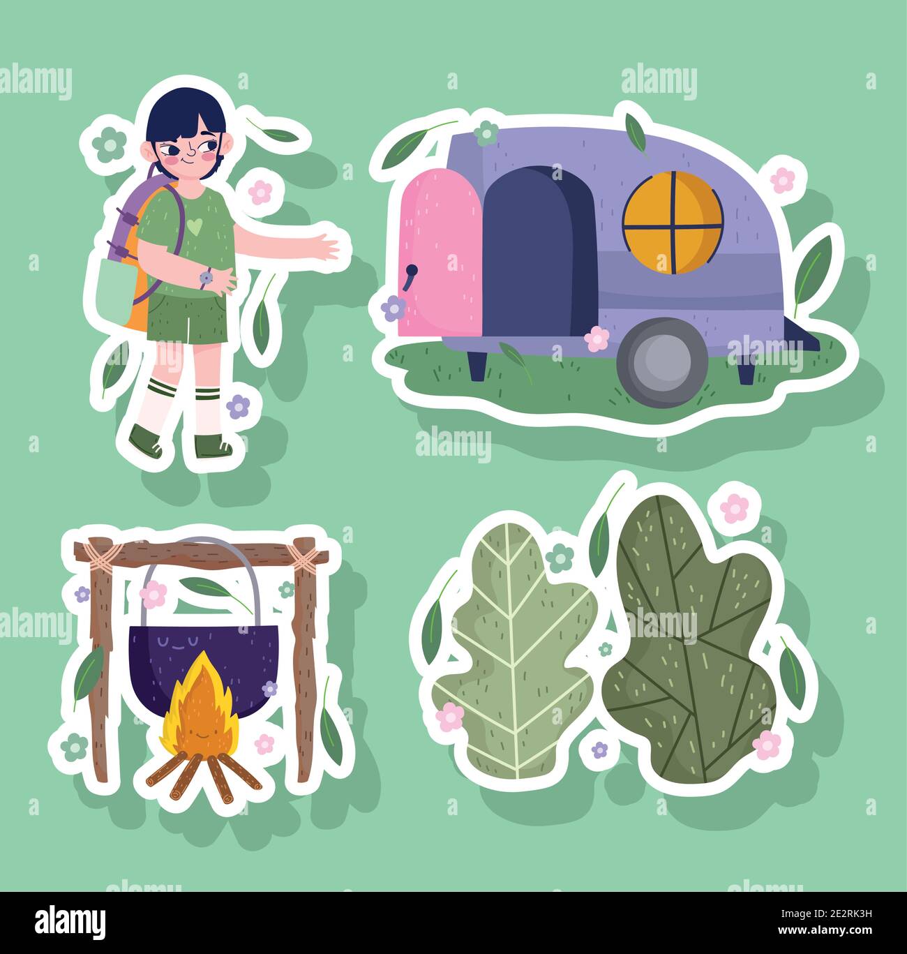camping, boy with bag, camper forest and food in cartoon sticker style ...