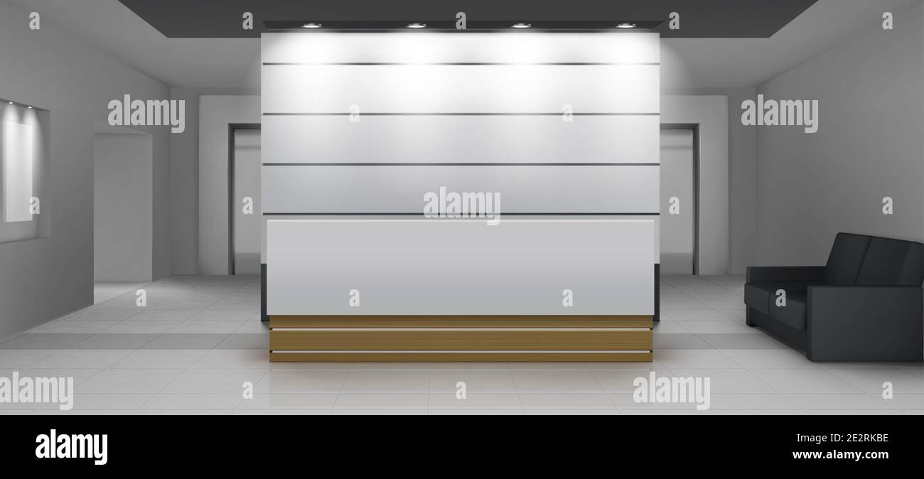Reception interior with lift, modern foyer room with desk, illumination ...