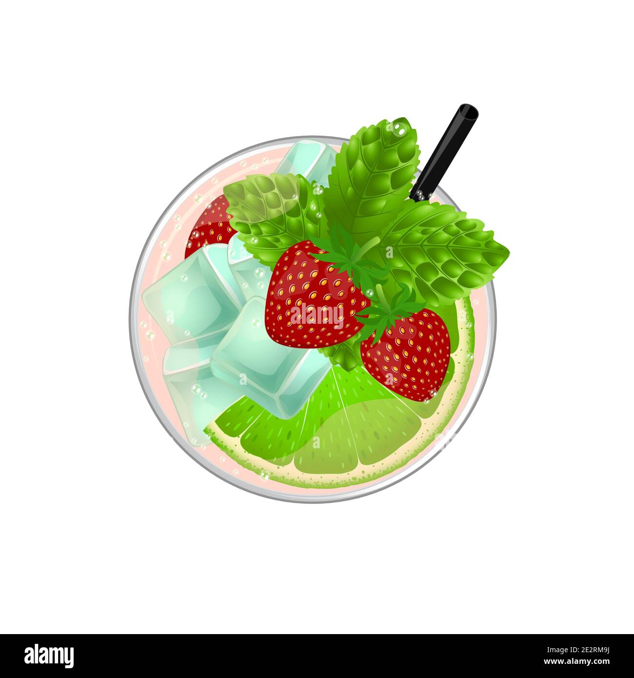 Mojito cocktail with lime, mint, strawberry and ice top view. Cold ...