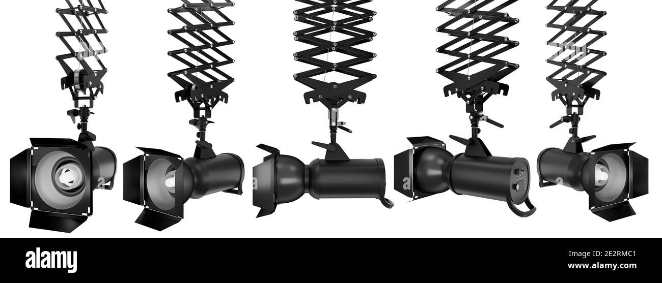 Photography studio flash on ceiling pantograph isolated on white with ...