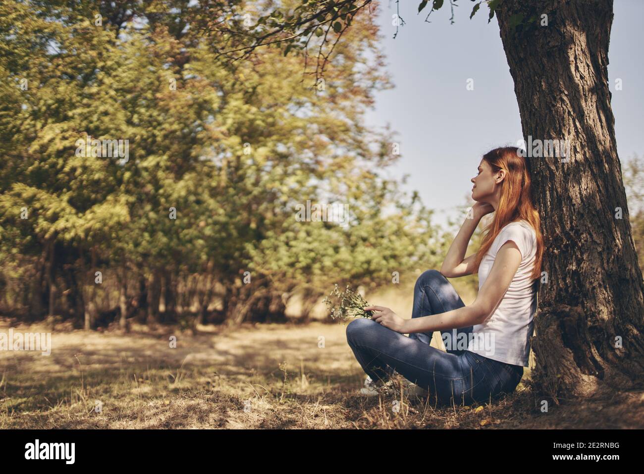 the traveler sits near a tree outdoors in the forest in jeans and a t ...