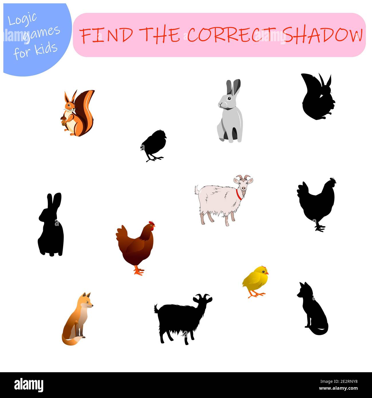 game for kids find the right shade for animals, squirrel, hare, goat ...