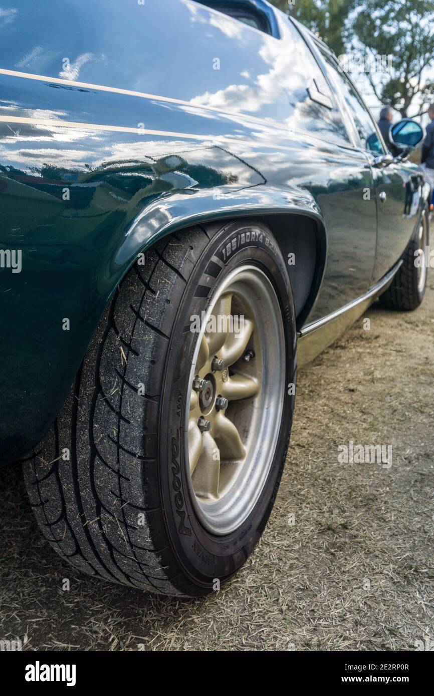 Close up detail of the rear wheel and arch on a 1972 British racing ...