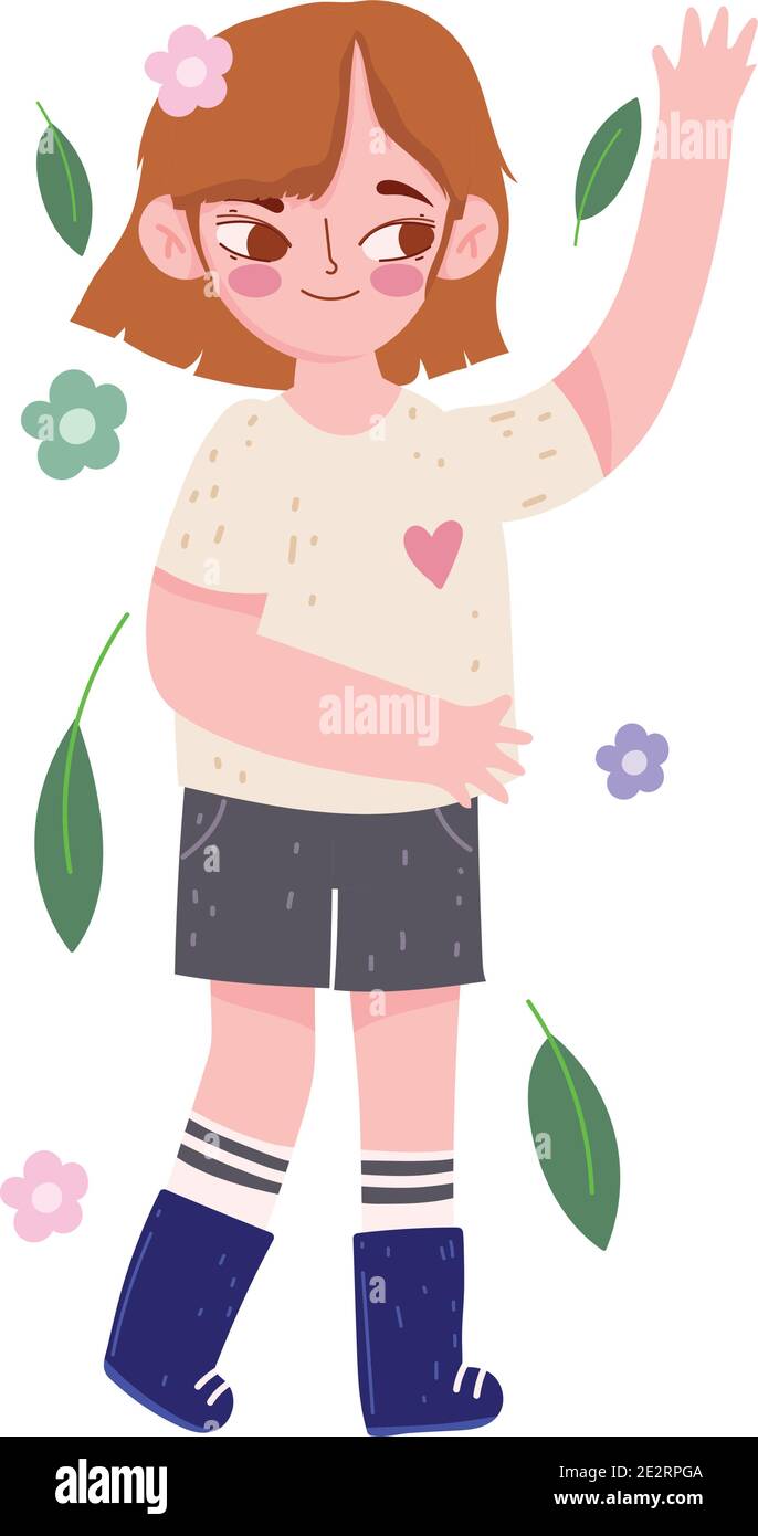happy girl in casual clothes with flowers and leaf in cartoon style ...