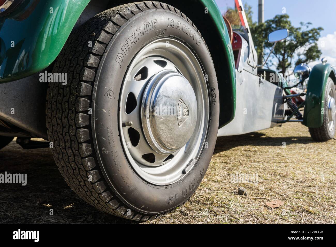 Close up detail of the rear wheel and arch of a British racing green ...