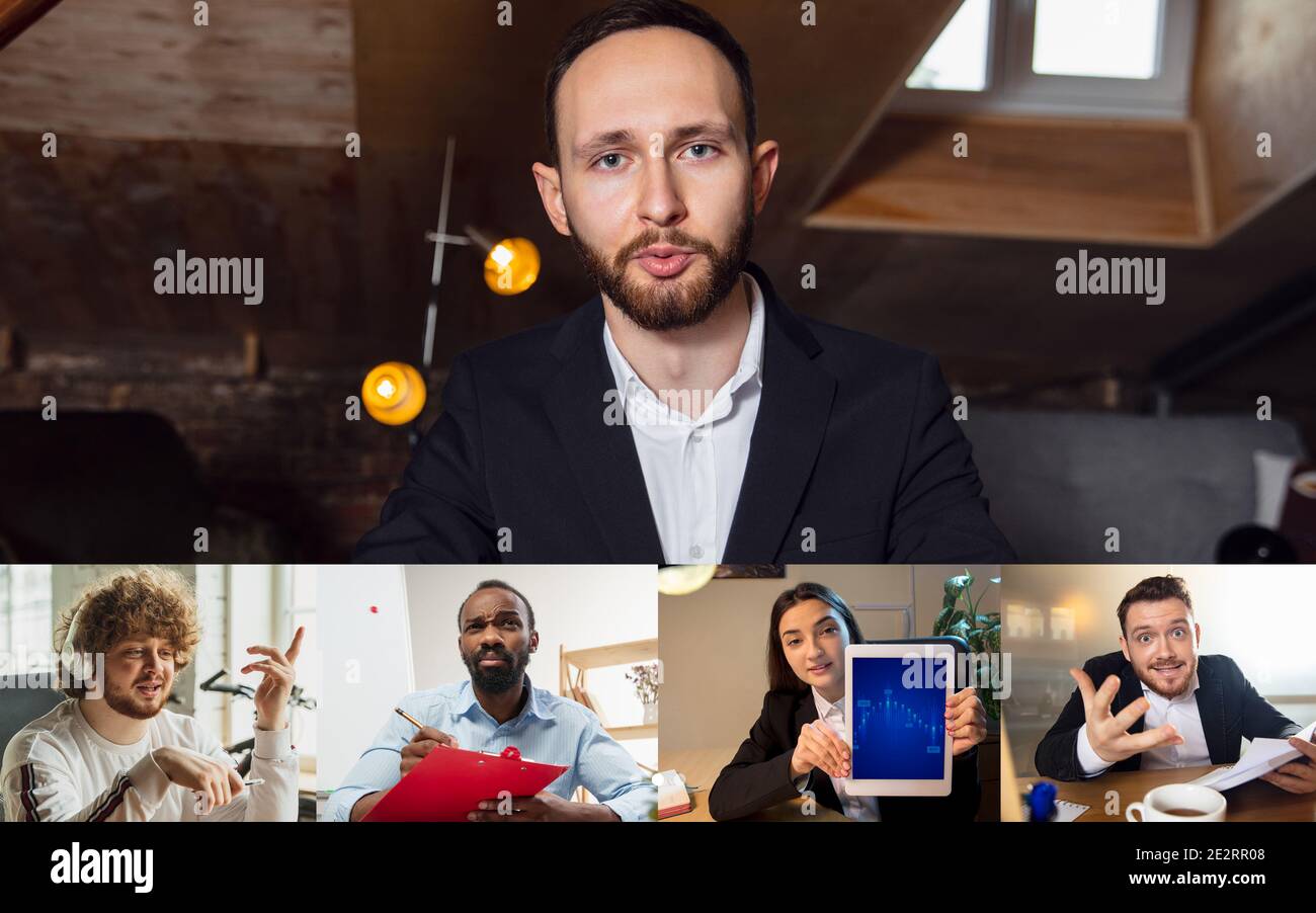 Report. Headshot screen, application view of diverse employees have ...