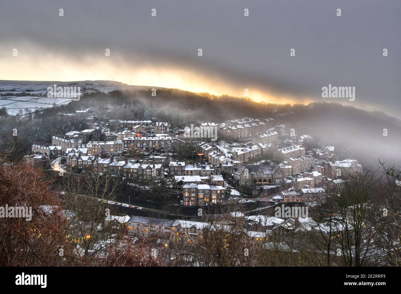 Hebden Bridge at sunrise in snow, viewed from Heptonstall Stock Photo ...
