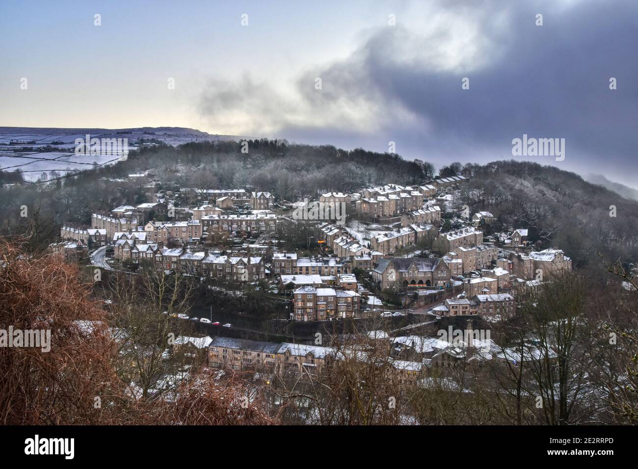 Hebden Bridge at sunrise in snow, viewed from Heptonstall Stock Photo ...