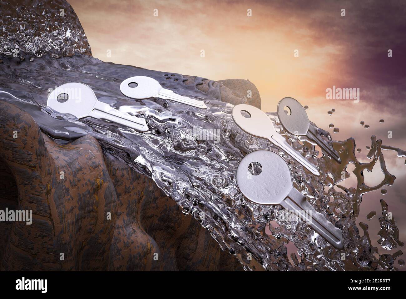 Metal key fall from a waterfall at sunset magenta day demonstrating ...