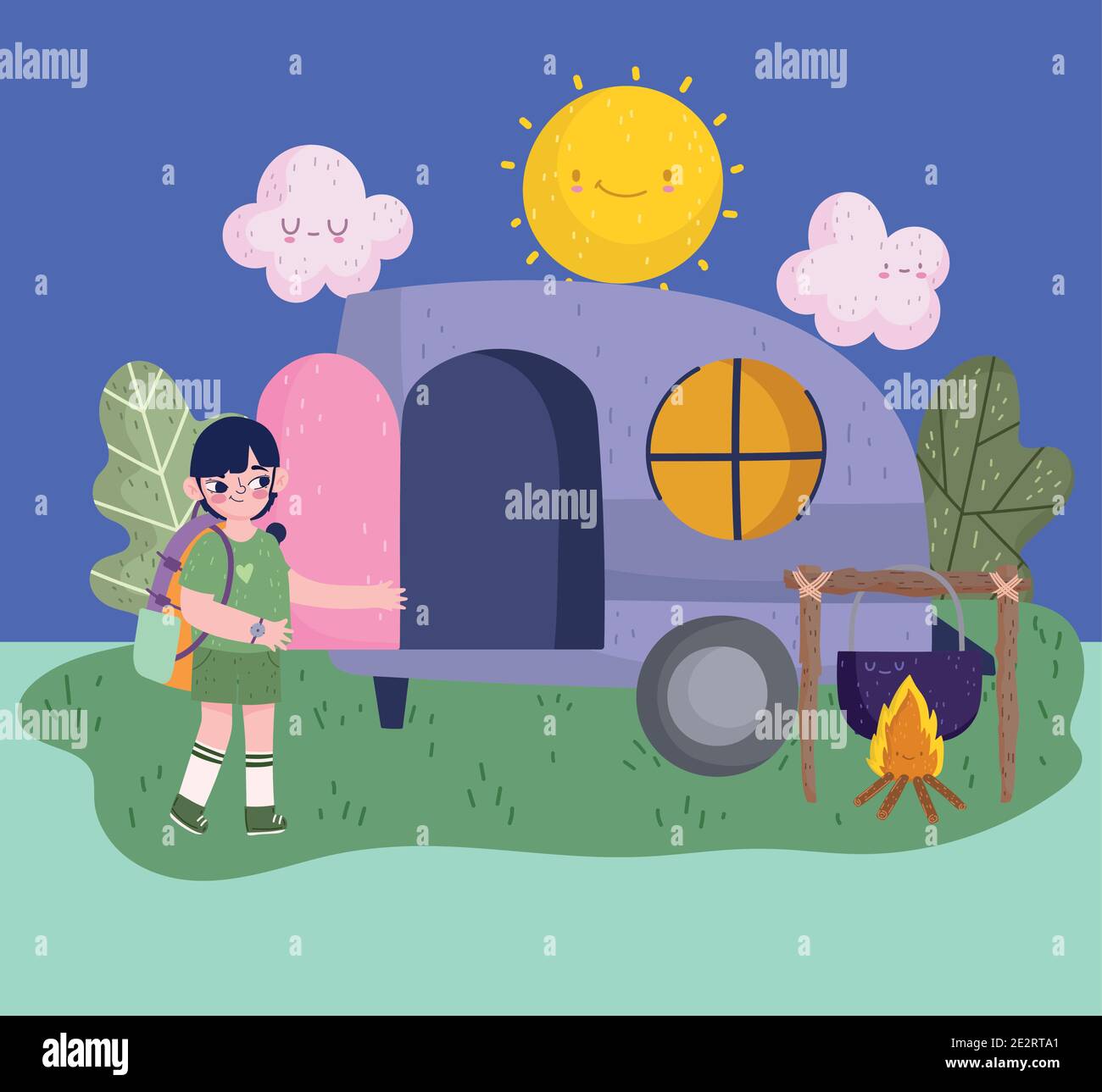 camping, boy with backpack camper bonfire pot in cartoon style vector ...