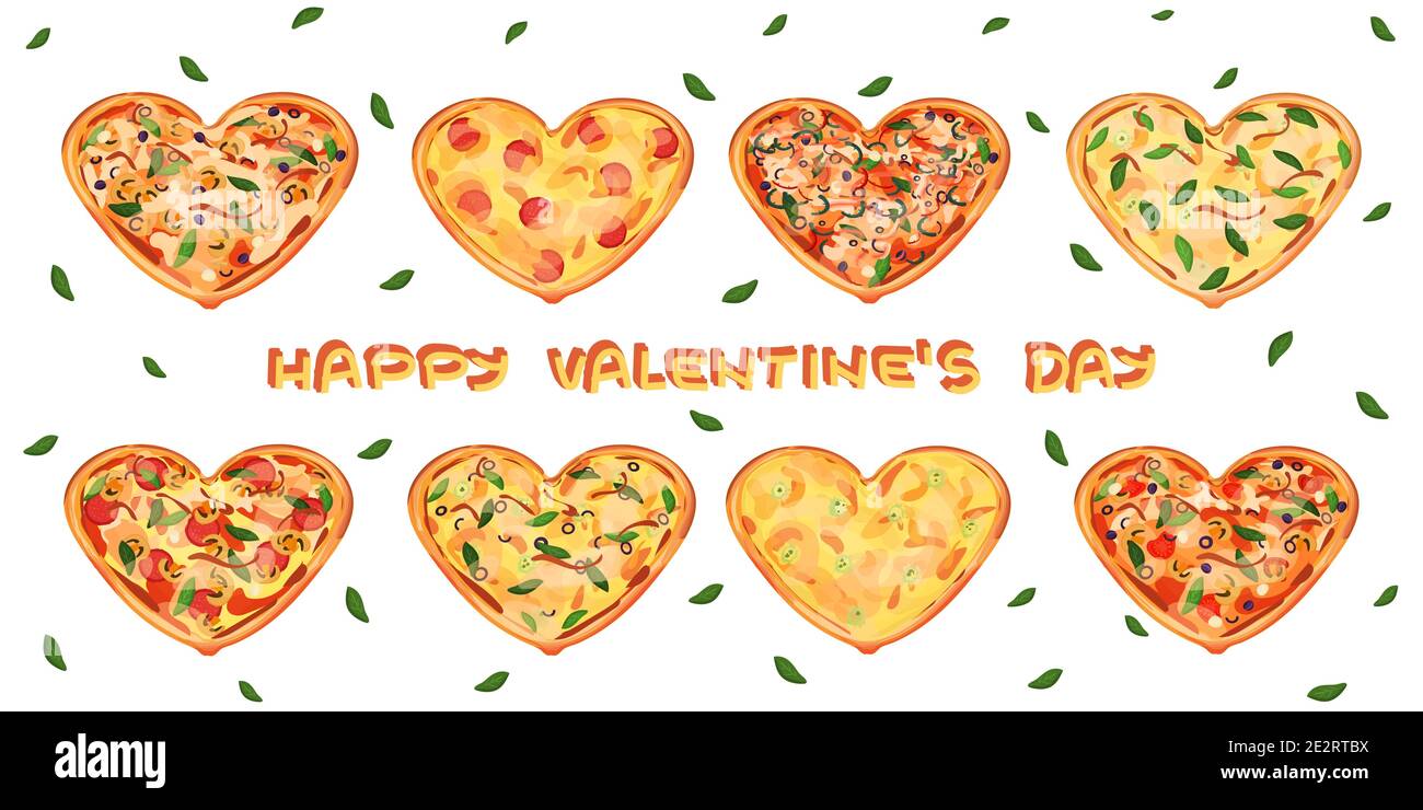 Set of eight heart hot pizzas with different ingredients isolated on ...