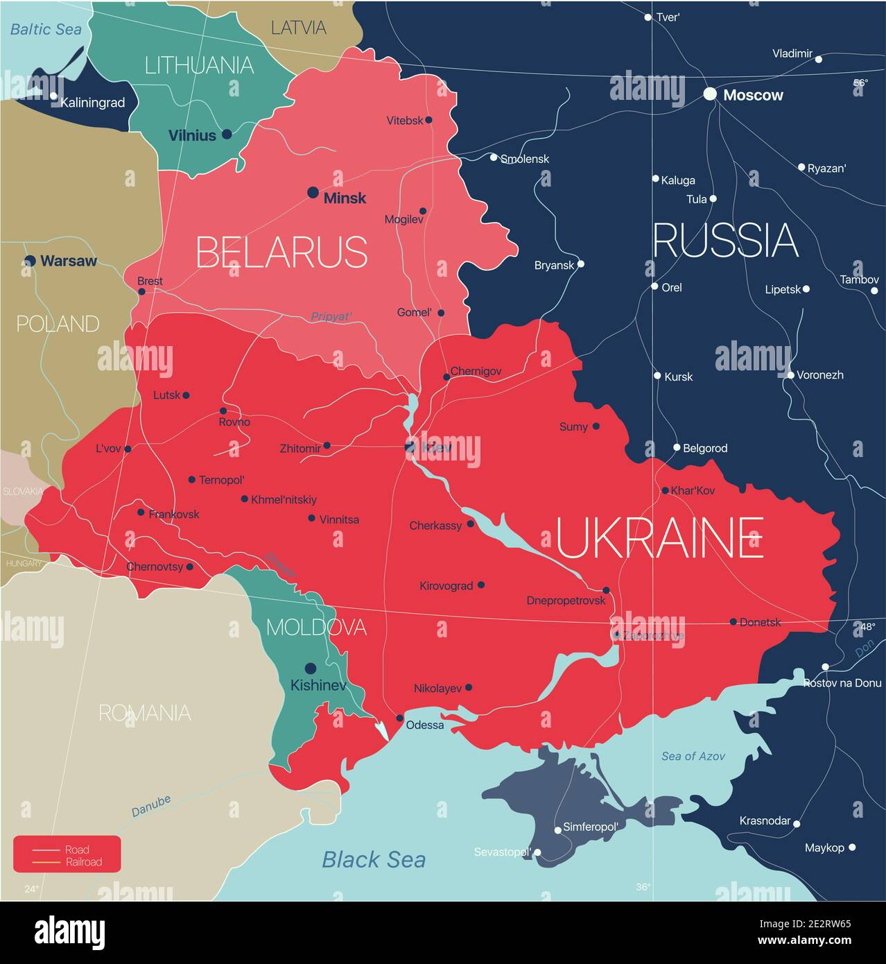 Belarus and Ukraine countries detailed editable map with regions cities ...