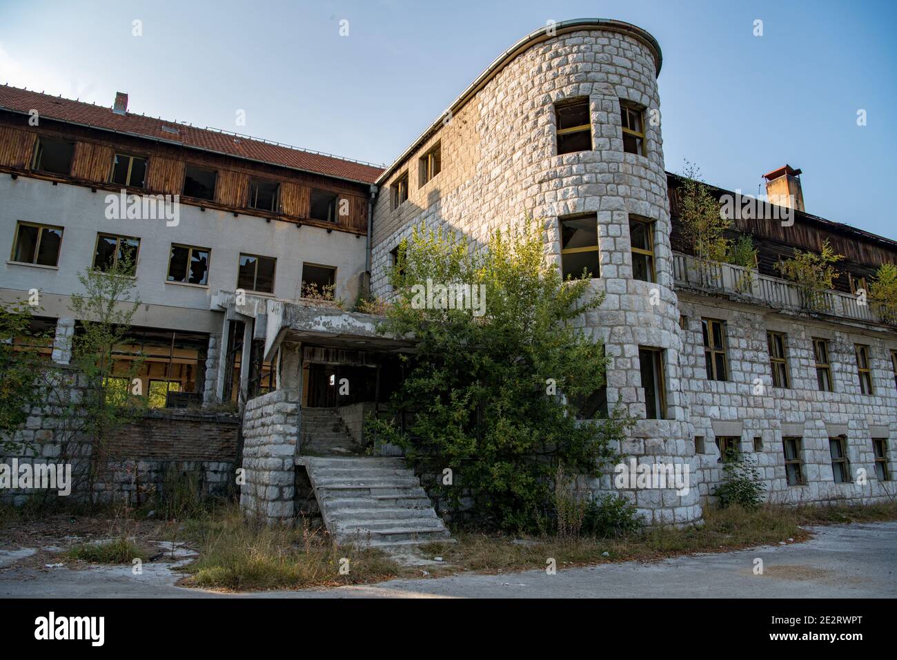 An old abandoned hotel on the Tara mountain, near Lake Jarevac, on ...
