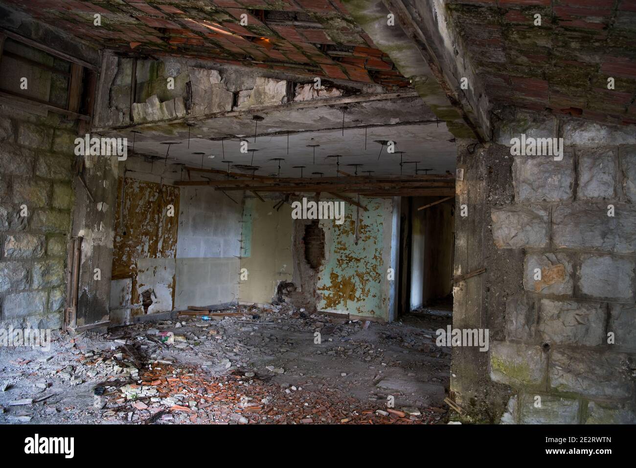 Interior of abandoned hotel on the Tara mountain, near Lake Jarevac, on ...